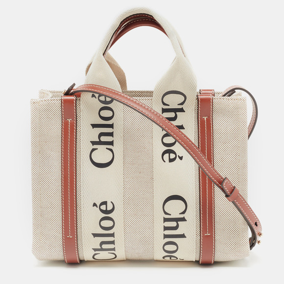 Chloe | Bags | Chloe Beigetan Canvas And Leather Small Woody Tote ...